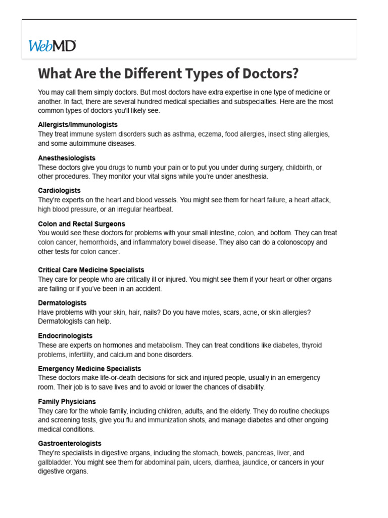 Types of Medical Doctors Explained | PDF | Medicine | Urology