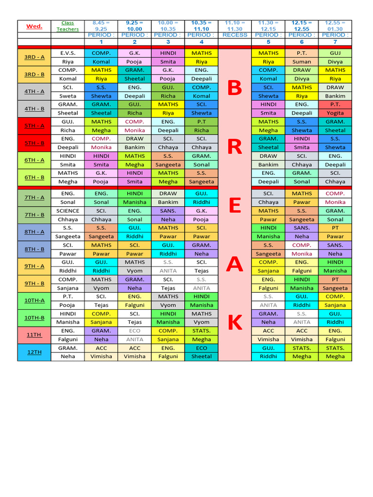 3rd To 12th STD Time Table Wednesday | PDF