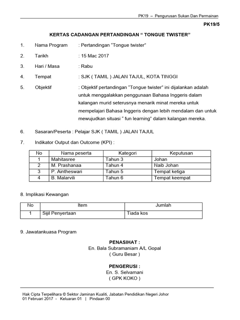 Kertas Kerja Pertandingan Tongue Twister | PDF