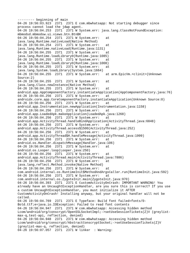 WhatsApp Debugging Error Log Analysis | PDF | Java (Programming ...