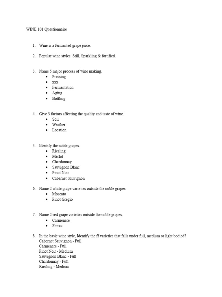 Wine 101 Questionnaire | PDF