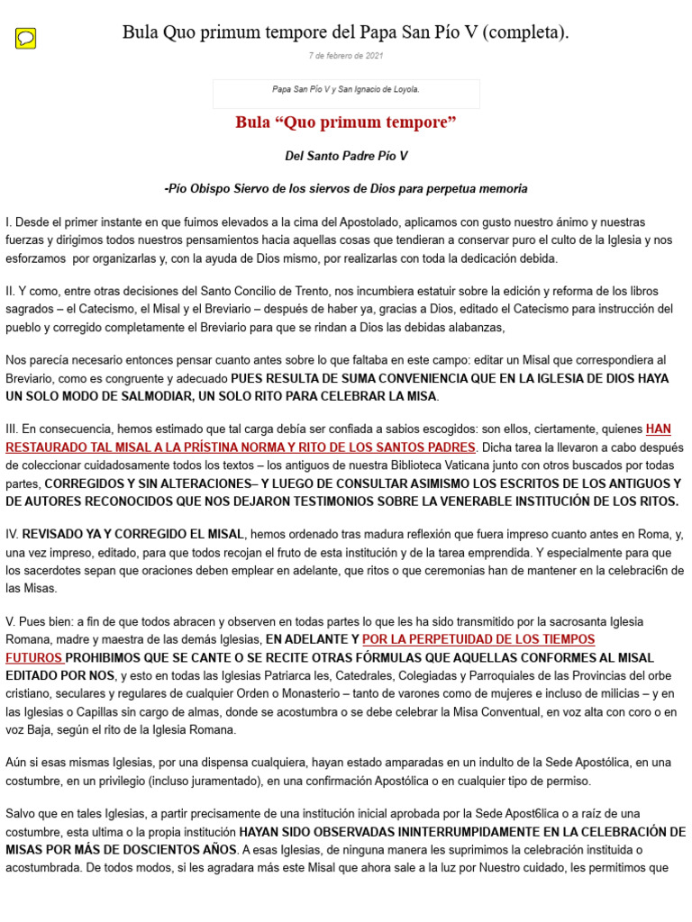Bula Quo Primum de San Pío V | PDF | Iglesia Católica