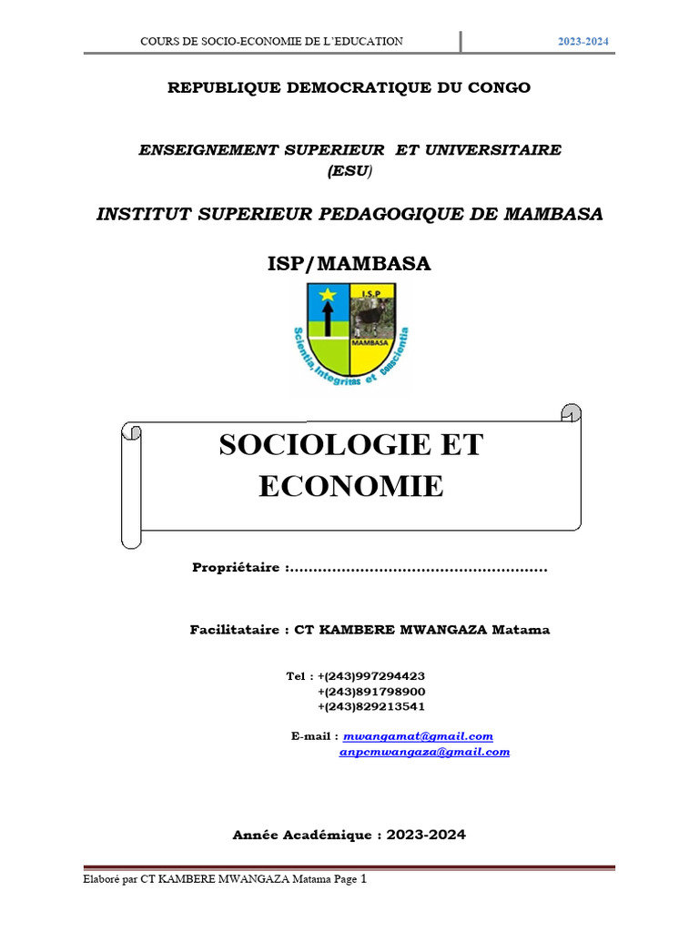 Cours de Socio-Economie de L'education Isp Mambasa | PDF | Pédagogie | Enseignement