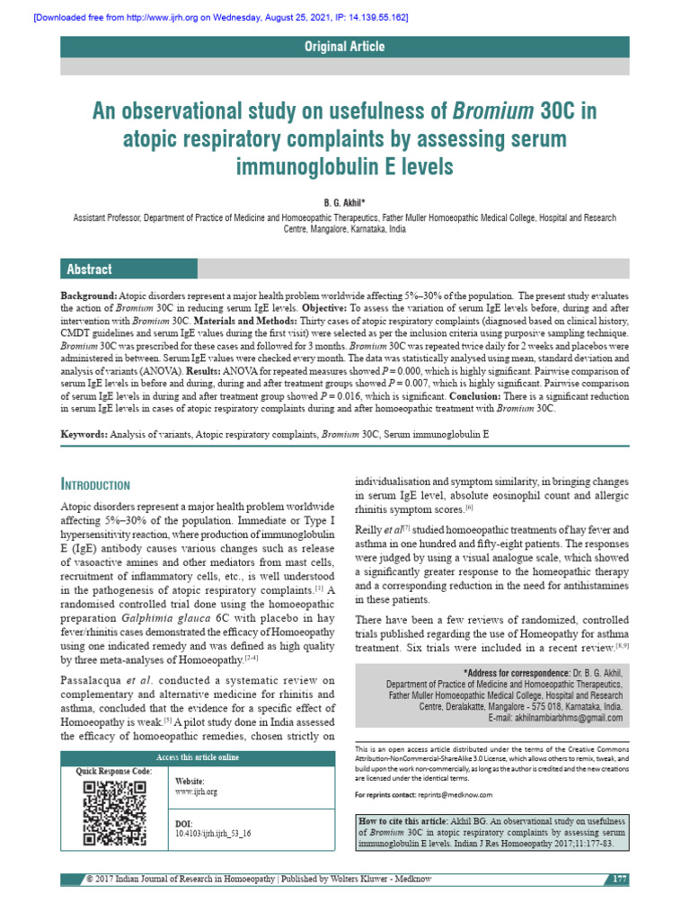 Bromium 30C's Impact on Serum IgE Levels | PDF | Homeopathy | Allergy