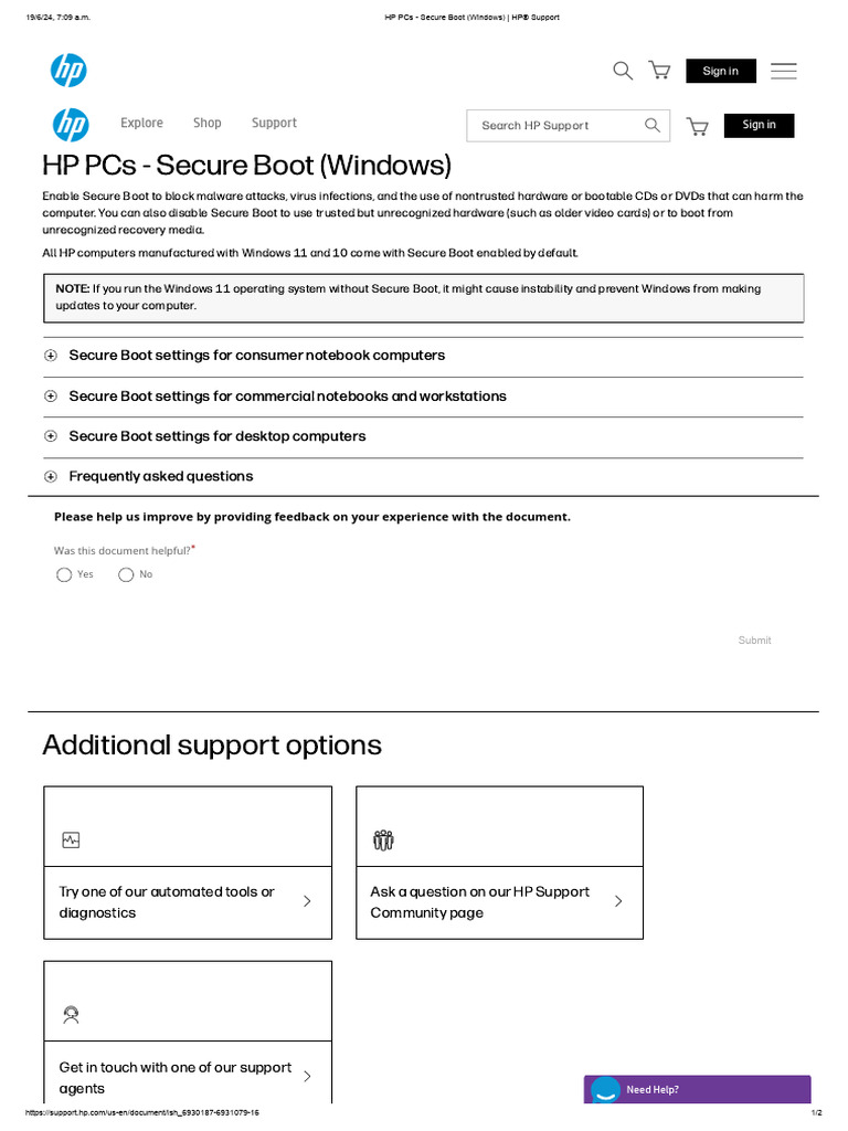 HP PCs - Secure Boot (Windows) - HP® Support | PDF | Booting | Hewlett Packard