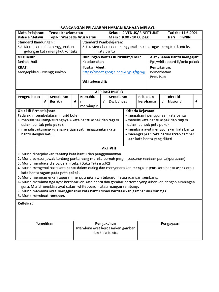 Rancangan Pelajaran Bahasa Melayu Kelas 5 | PDF | Karier & Perkembangan ...