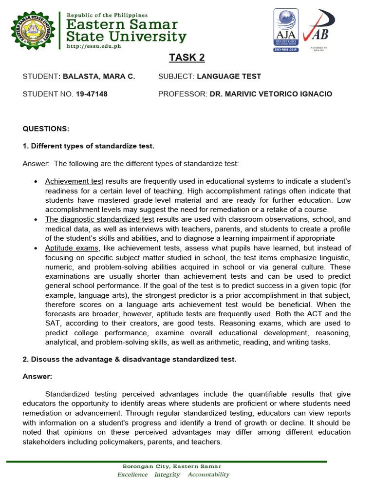 BALASTA_TASK 2 LANGUAGE TEST | PDF | Standardized Tests | Teachers