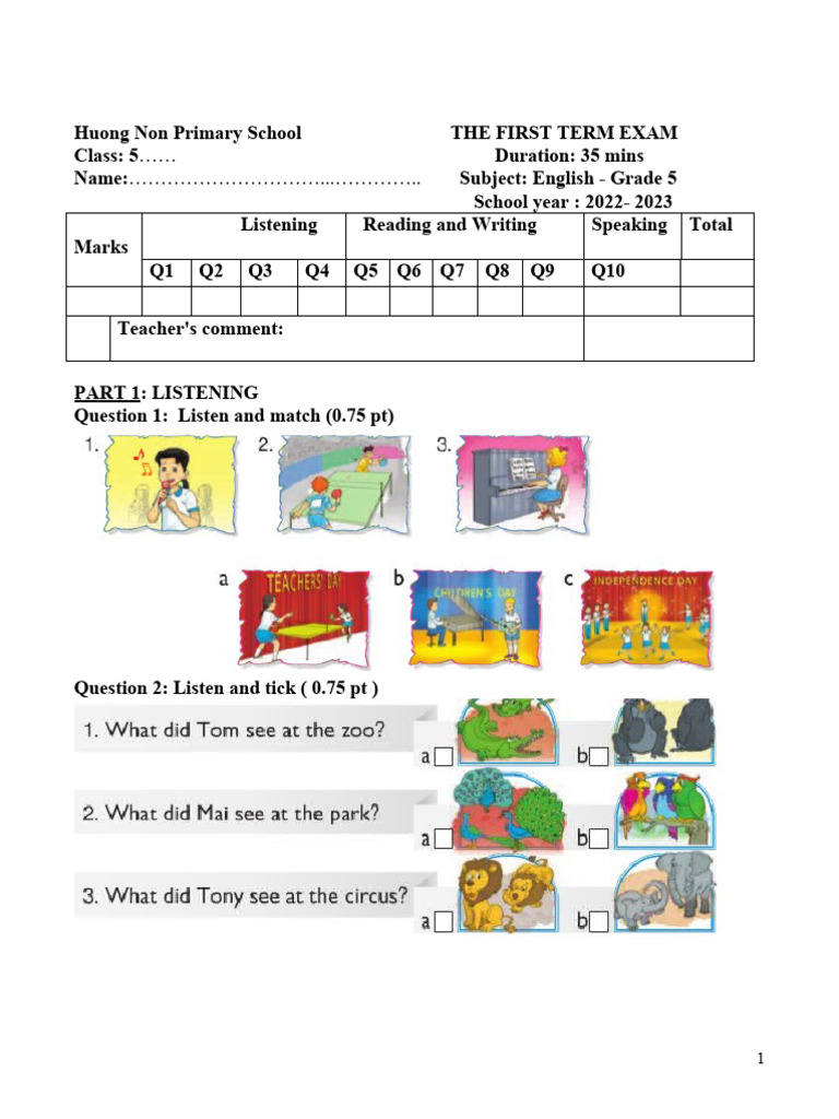 De Thi Tieng Anh 5 Hk1 20222023 | PDF | Linguistics