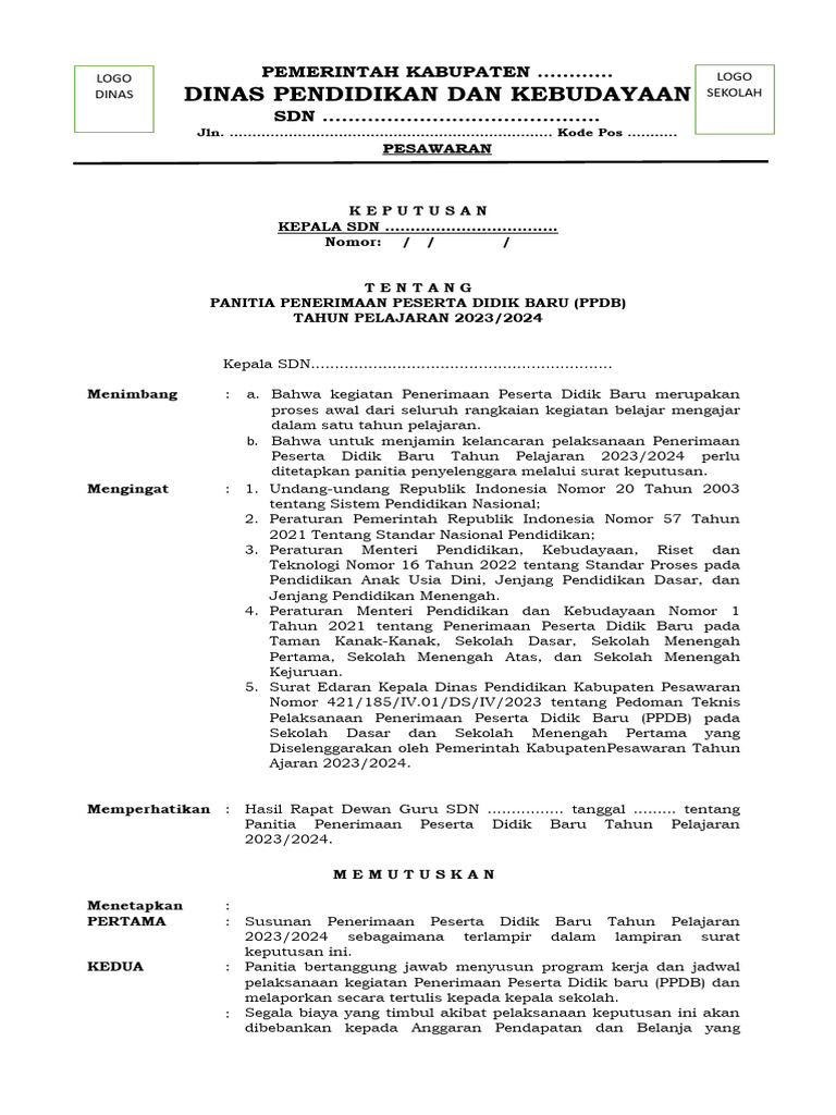 CONTOH SK KEPANITIAAN PPDB 2023 2024 | PDF