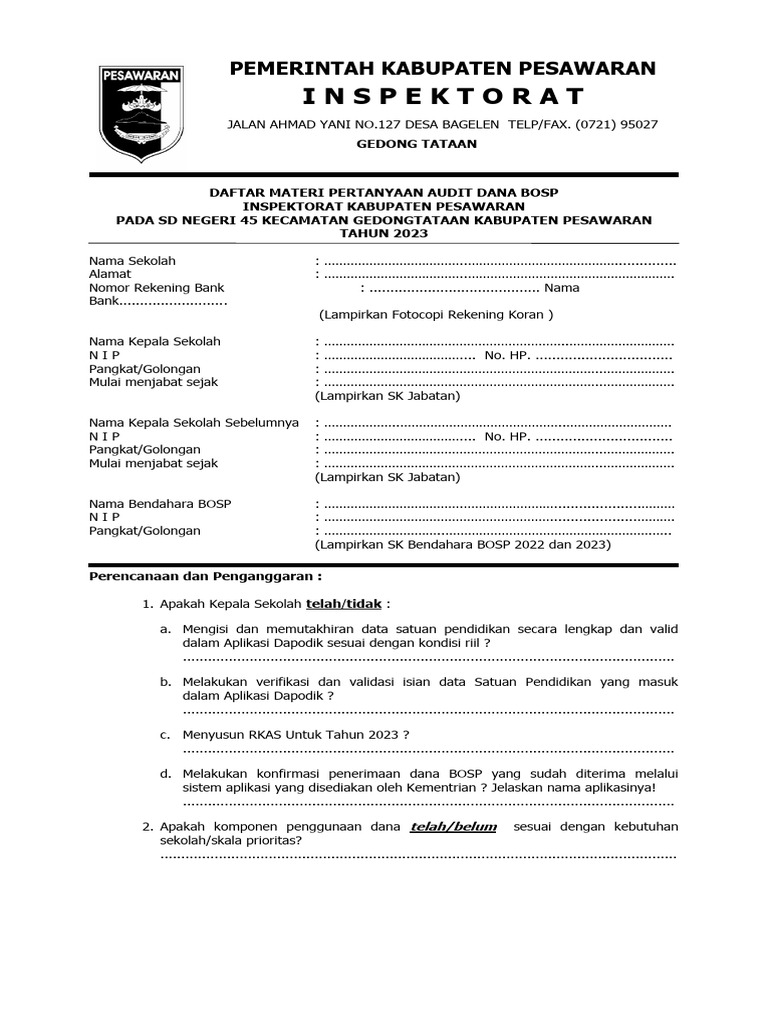 Audit Dana BOSP SDN 45 Pesawaran 2023 | PDF | Pengelolaan Keuangan & Uang