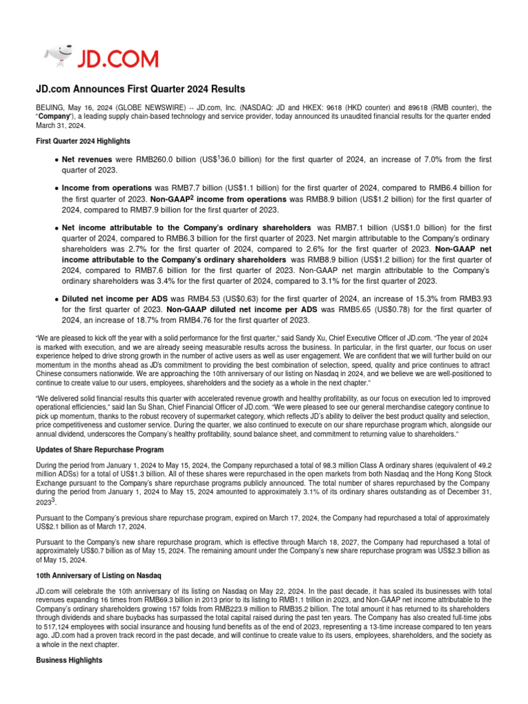 Announces First Quarter 2024 Results | PDF | Share Repurchase | Equity ...