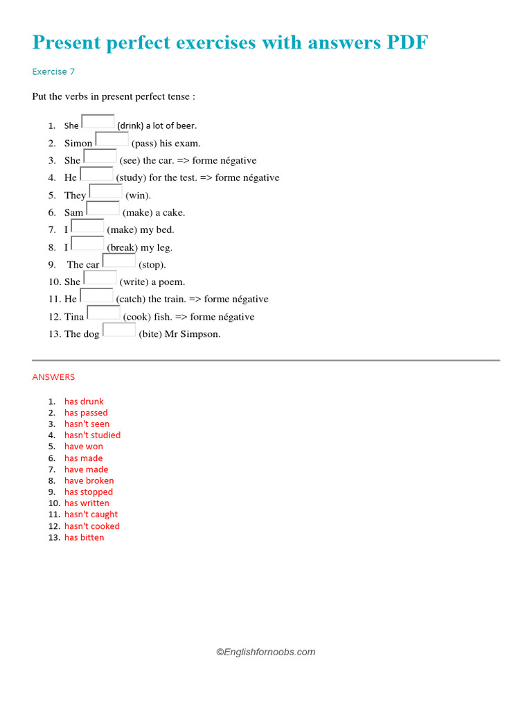 Present Perfect Tense Exercises 5 | PDF