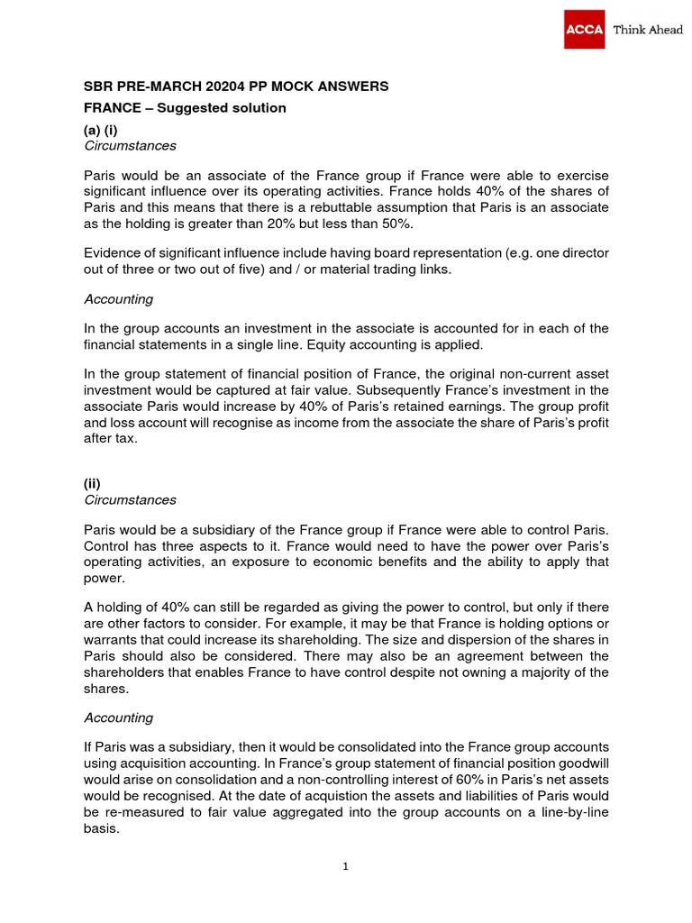 SBR Pre-March 2024 Mock Answers Marking Scheme | PDF | Goodwill (Accounting) | International ...