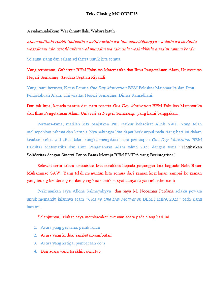 Teks MC Closing Odm Bem Fmipa'21 | PDF