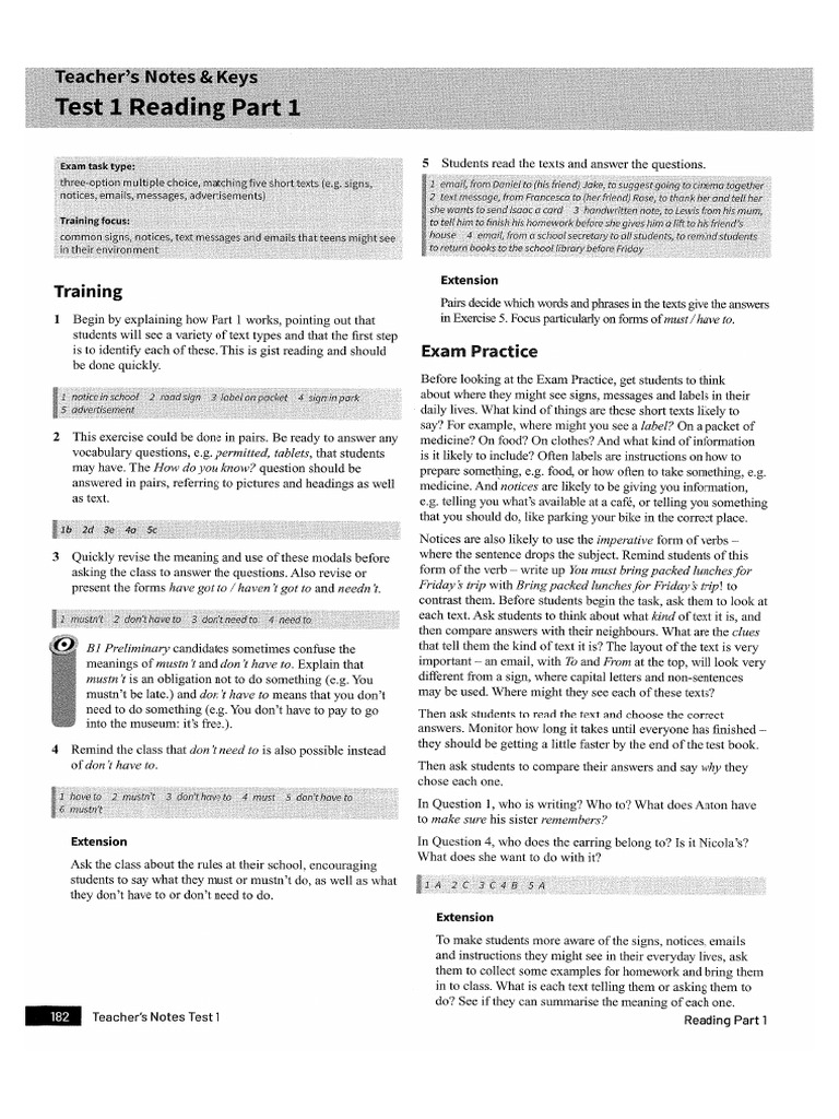 PET Reading Test 1 Key | PDF