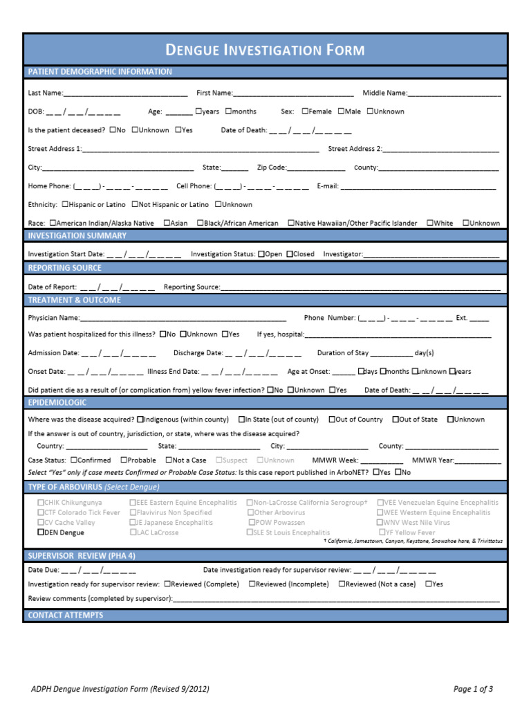 ADPH Revised Dengue Investigation Form | PDF | Medicine | Microbiology