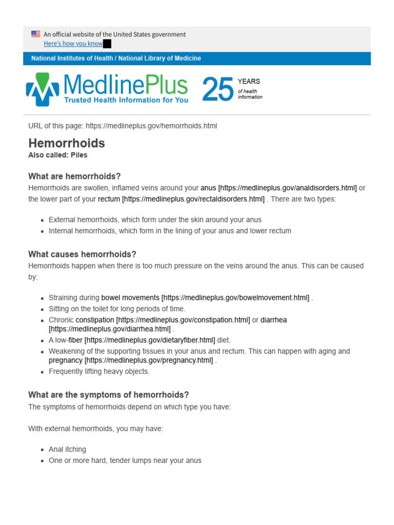 Hemorrhoids | Piles | MedlinePlus | PDF | Hemorrhoid | Clinical Medicine