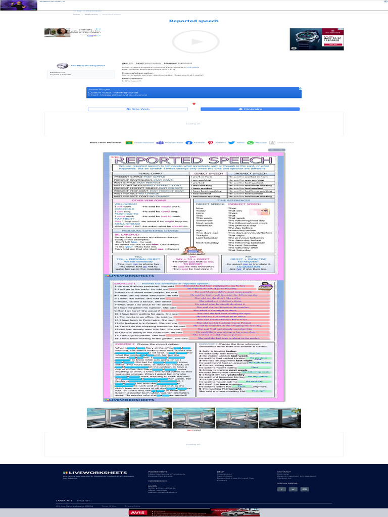 Reported Speech Interactive Exercise For Intermediate Live Worksheets 2 | PDF | Internet | Human ...