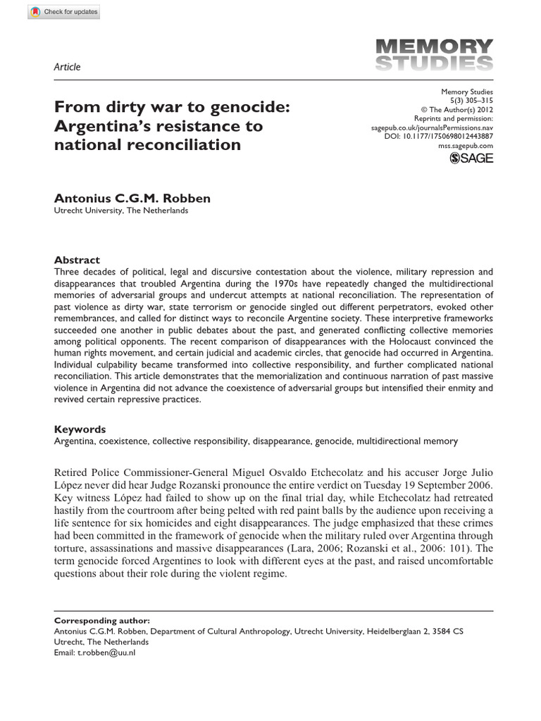 Robben 2012 From Dirty War To Genocide Argentina S Resistance To National Reconciliation | PDF ...