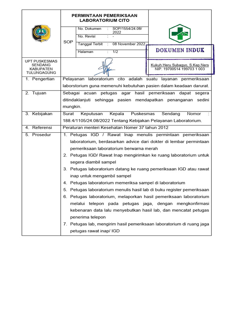 Sop Permintaan Pemeriksaan Laboratorium Cito | PDF