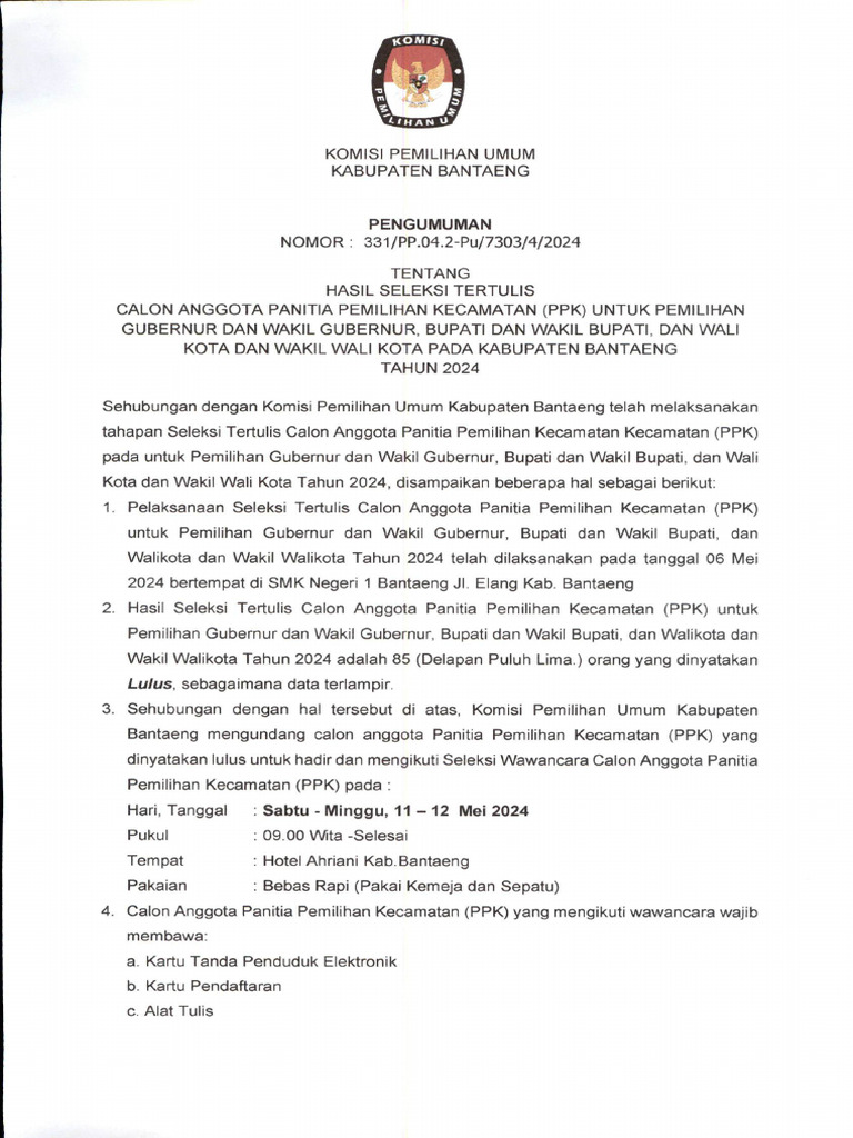 Pengumuman Lulus CAT PPK Pilkada 2024 | PDF