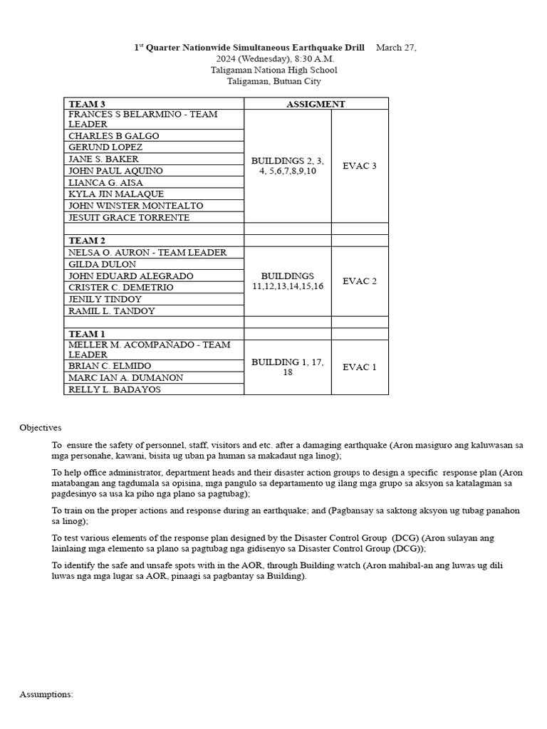 Program 1st Quarter Nationwide Simultaneous Earthquake Drill | PDF ...