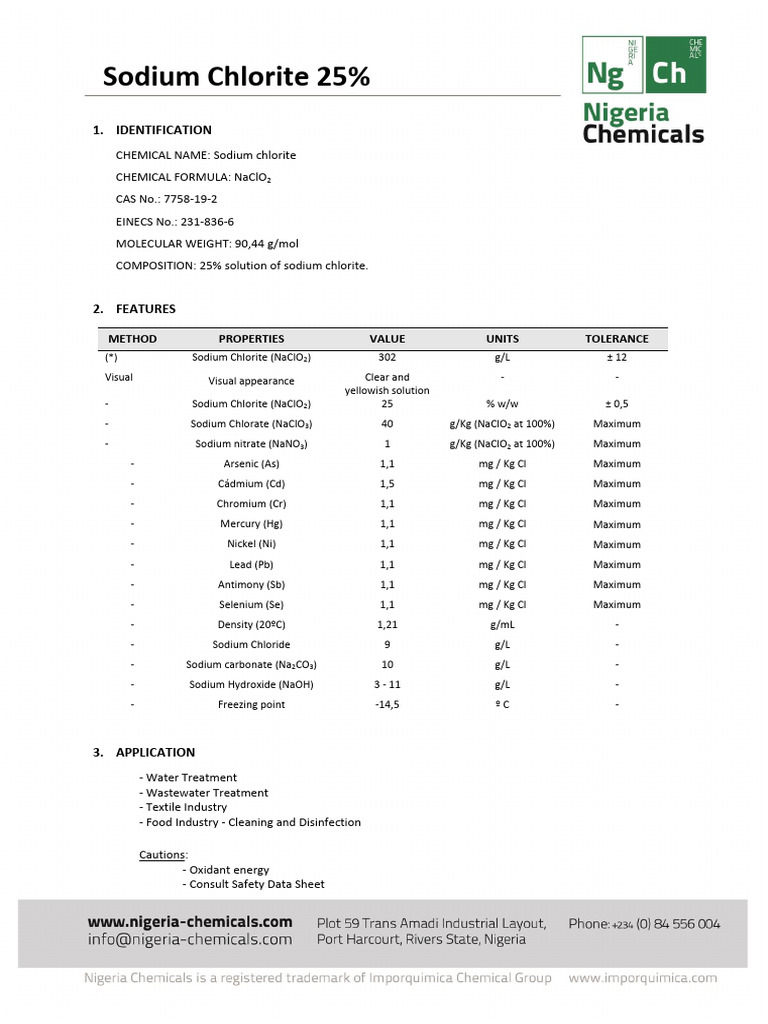 Sodium Chlorite 25% - Nigeria Chemicals | PDF | Chemical Compounds | Materials