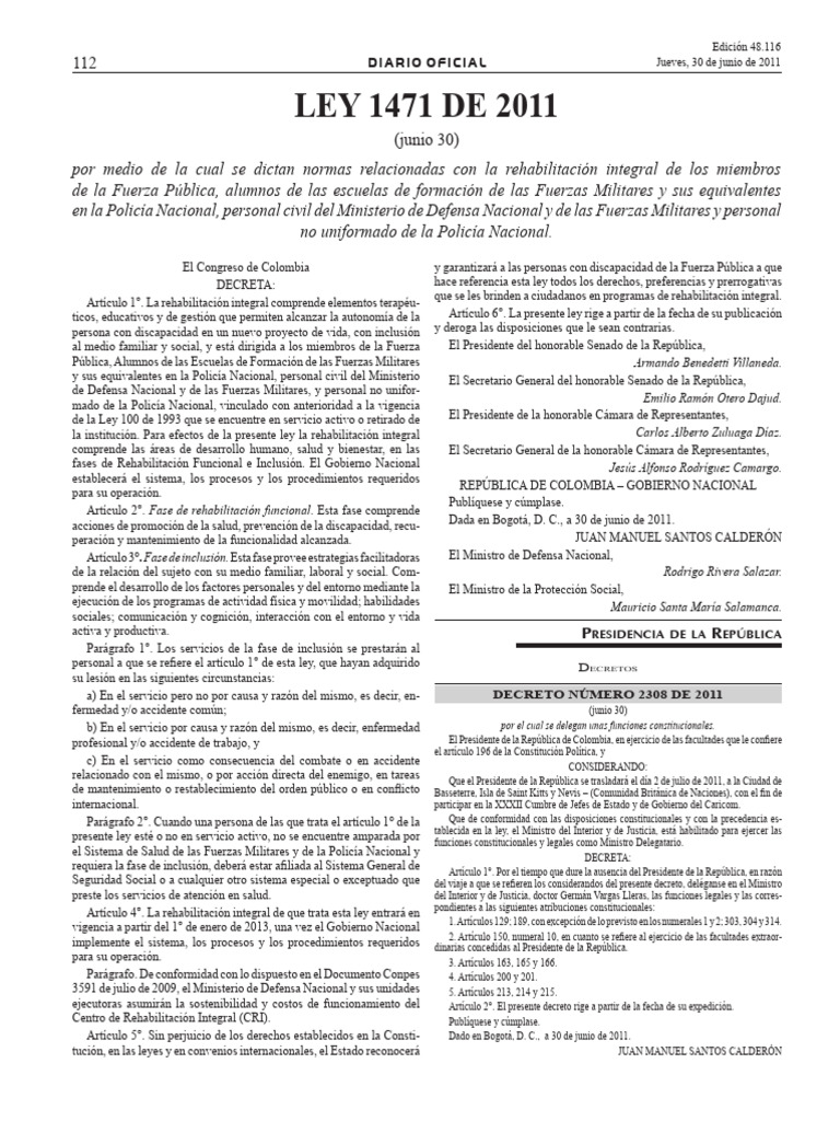 Ley 1471 de 2011 (Rehabilitación Integral Miembros de La Fuerza Pública ...