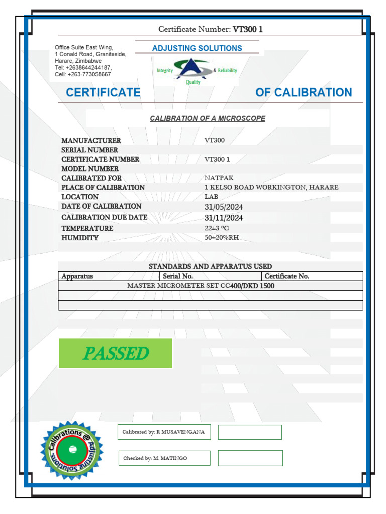 Certificate of Calibration For Microscope Vt300 | PDF | Calibration | Science