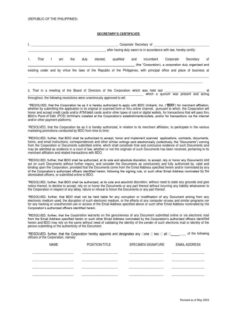 Merchant Regular Secretarys Certificate | PDF | Point Of Sale