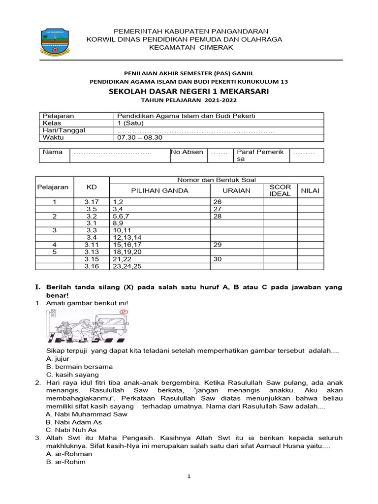 Soal KLS 1 K13 - Pai | PDF