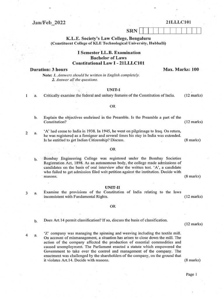 Kle Tech Constitutional Law Question Paper 2 | PDF | Government ...