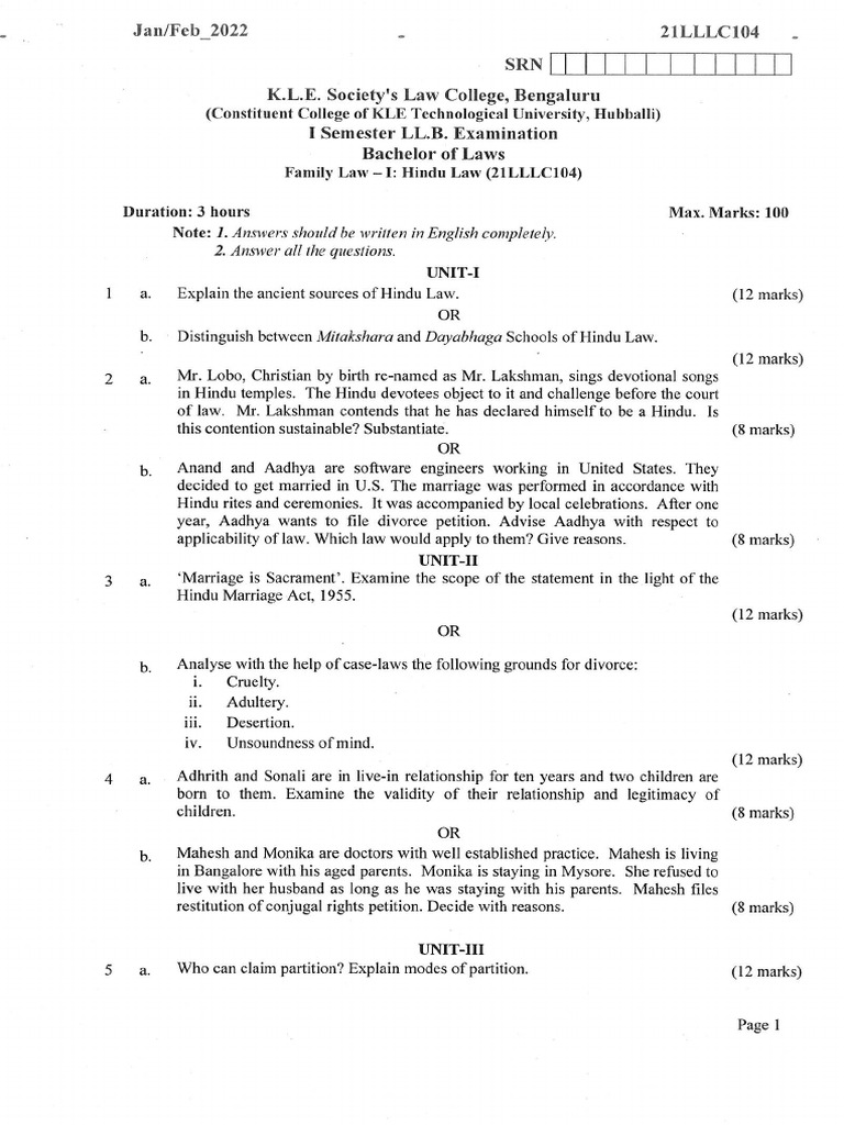 Hindu Law Exam Paper III Semester | PDF | Divorce | Child Custody