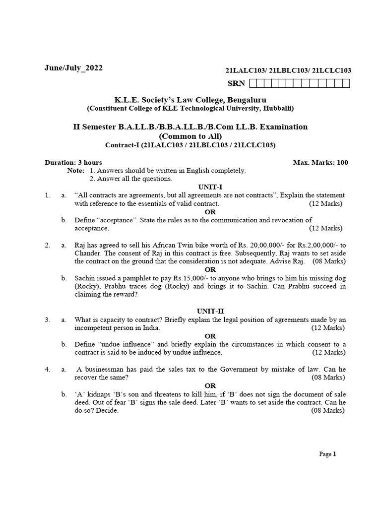 Kle Tech CONTRACT 1 Question Paper 2 | PDF | Private Law | Common Law