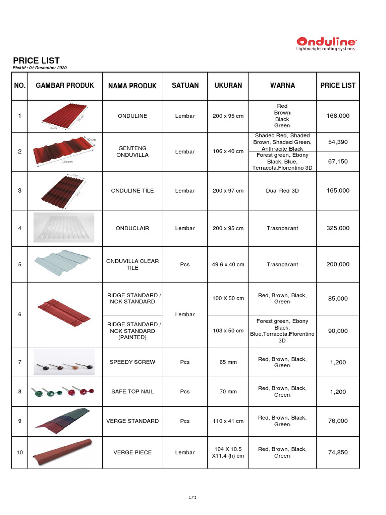 PRICE LIST 2021 - ONDULINE & acc | PDF