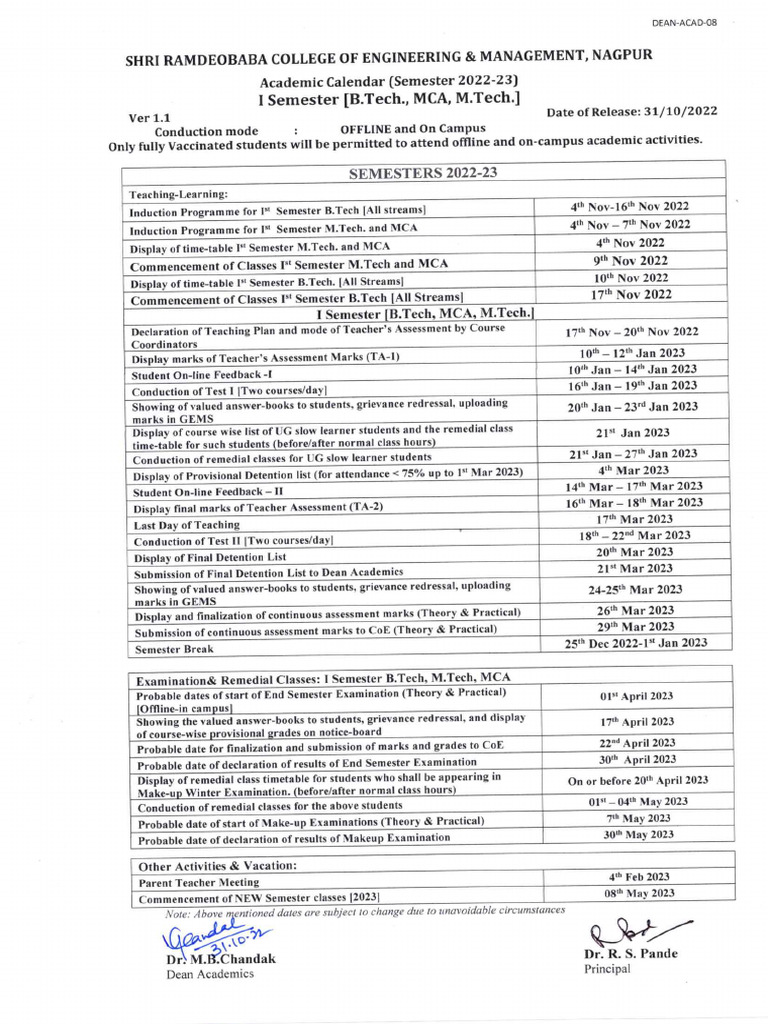 Academic Calandar First Sem BTech MTech MCA22 | PDF