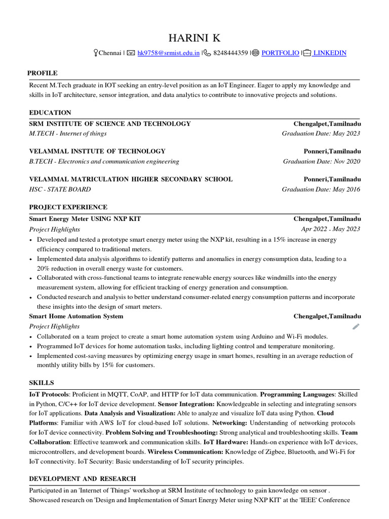 Harini K _Resume.pdf | Download Free PDF | Internet Of Things | Home Automation