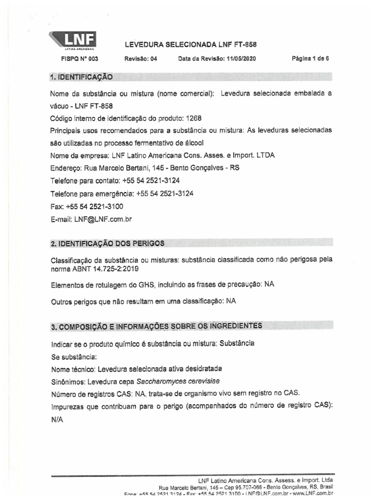 Levedura Selecionada LNF FT - 858 | PDF