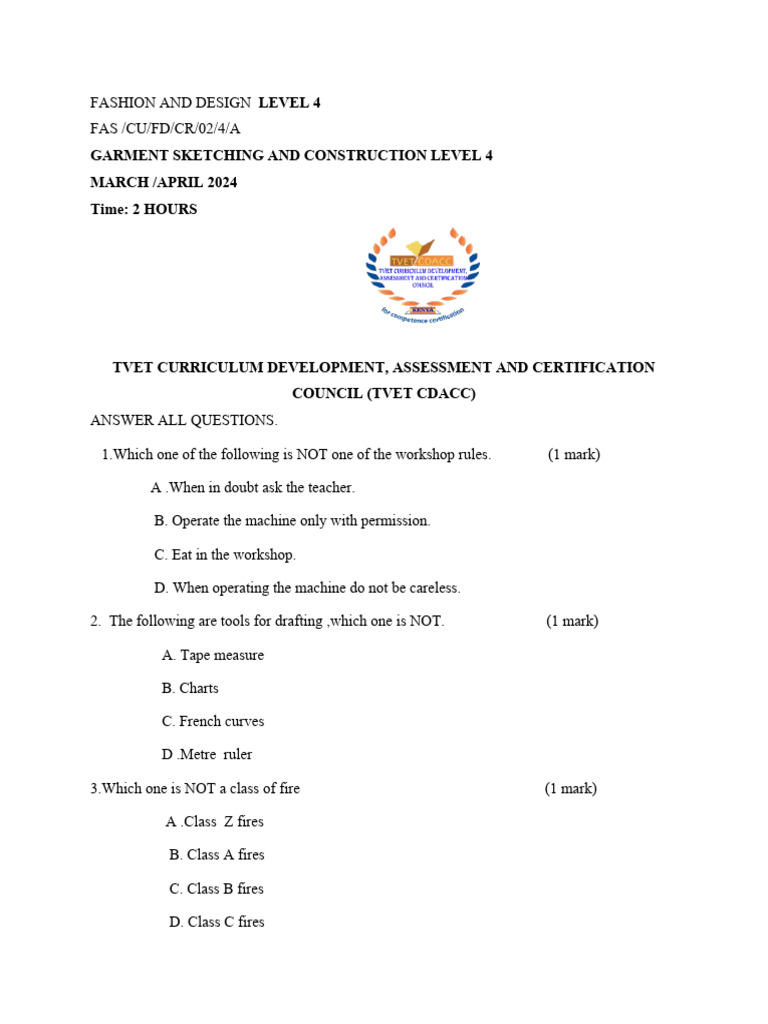 Level 4 Fashion Design Exam Paper | PDF | Clothing | Skirt