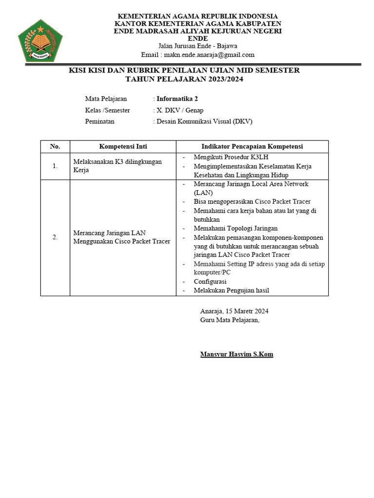 SOAL DAN RUBRIK PENILAIAN UJIAN-PRAKTEK DKV 1. Informatika 2 | PDF