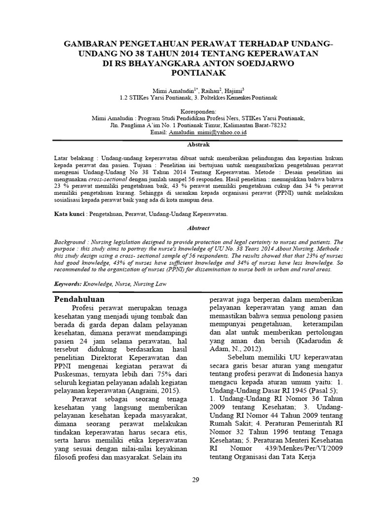Gambaran Pengetahuan Perawat Terhadap Undang-Undang No 38 Tahun 2014 Tentang Keperawatan Di Rs ...