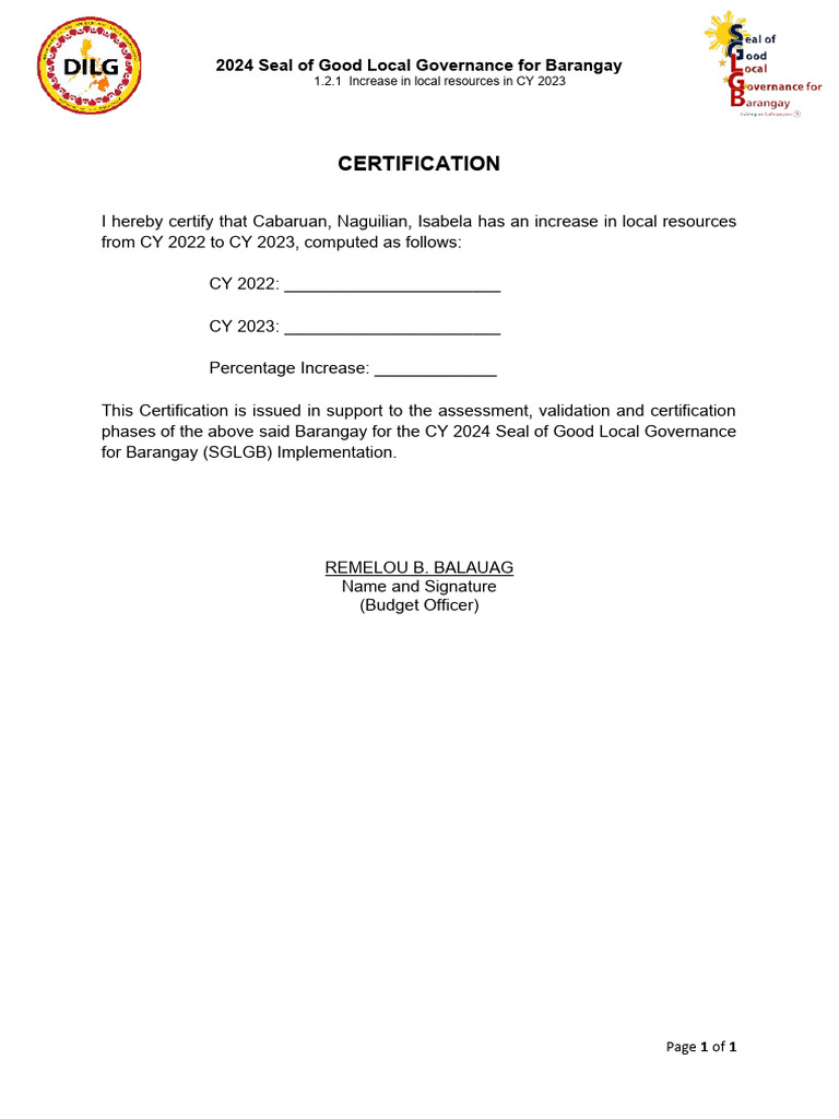 1.2.1 Certification On Increase in Local Resources | PDF
