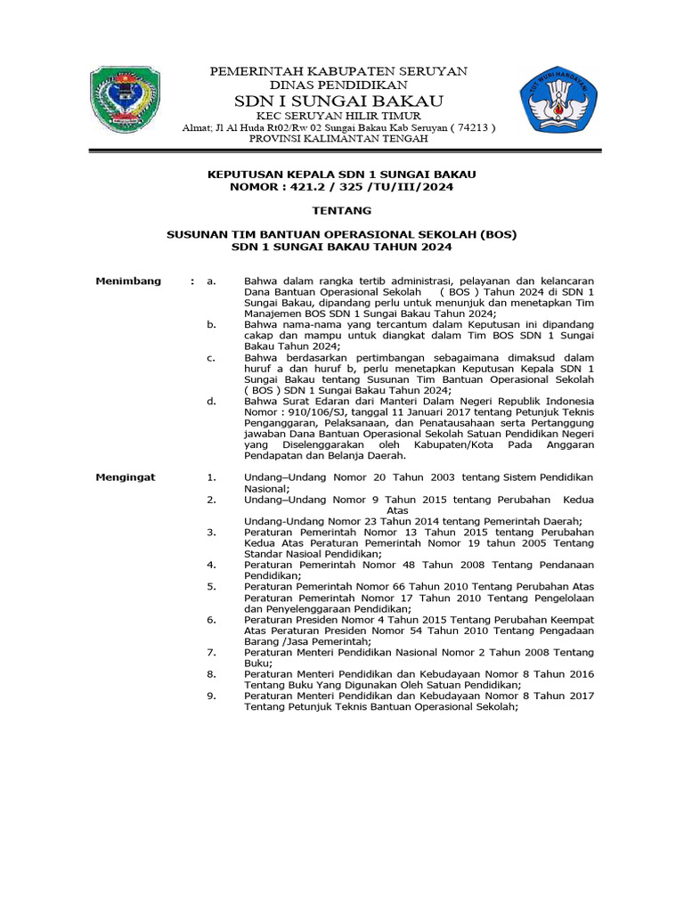 Contoh SK Tim Bos SDN 1 S Bakau 2024 | PDF