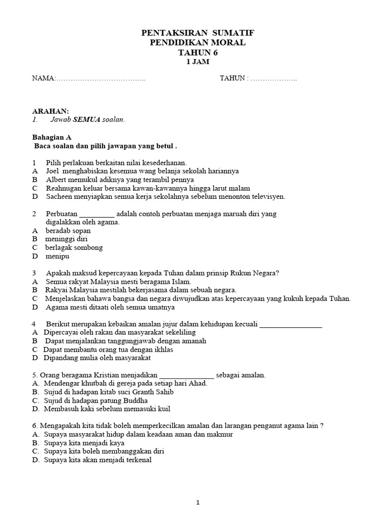 Soalan Moral P.moral Tahun 6 2022 1 | PDF
