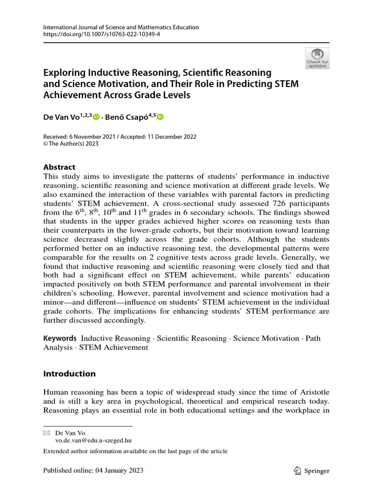 Exploring Inductive Reasoning, Scientifc Reasoning and Science Motivation, and Their Role in ...