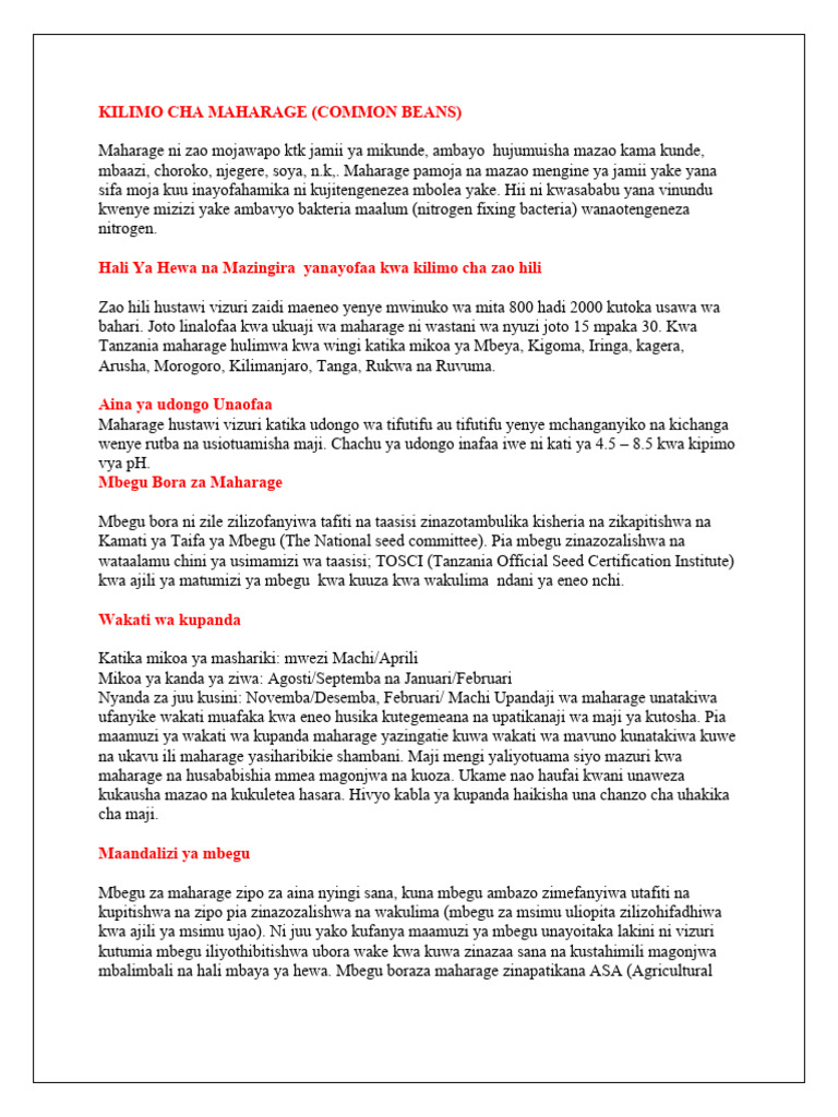 Muongozo Wa Kilimo Cha Maharage | PDF
