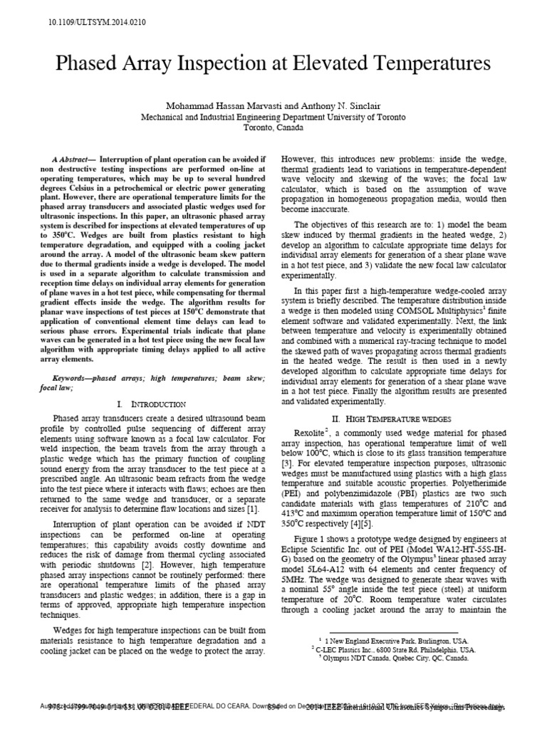 Phasedarrayinspectionatelevatedtemperatures Pdf Waves Ultrasound 