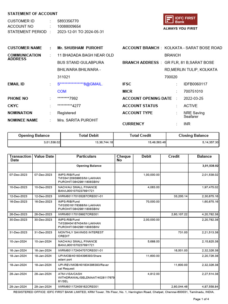 IDFCFIRSTBankstatement 10088009654 113443099 | PDF | Debit Card | Credit Card