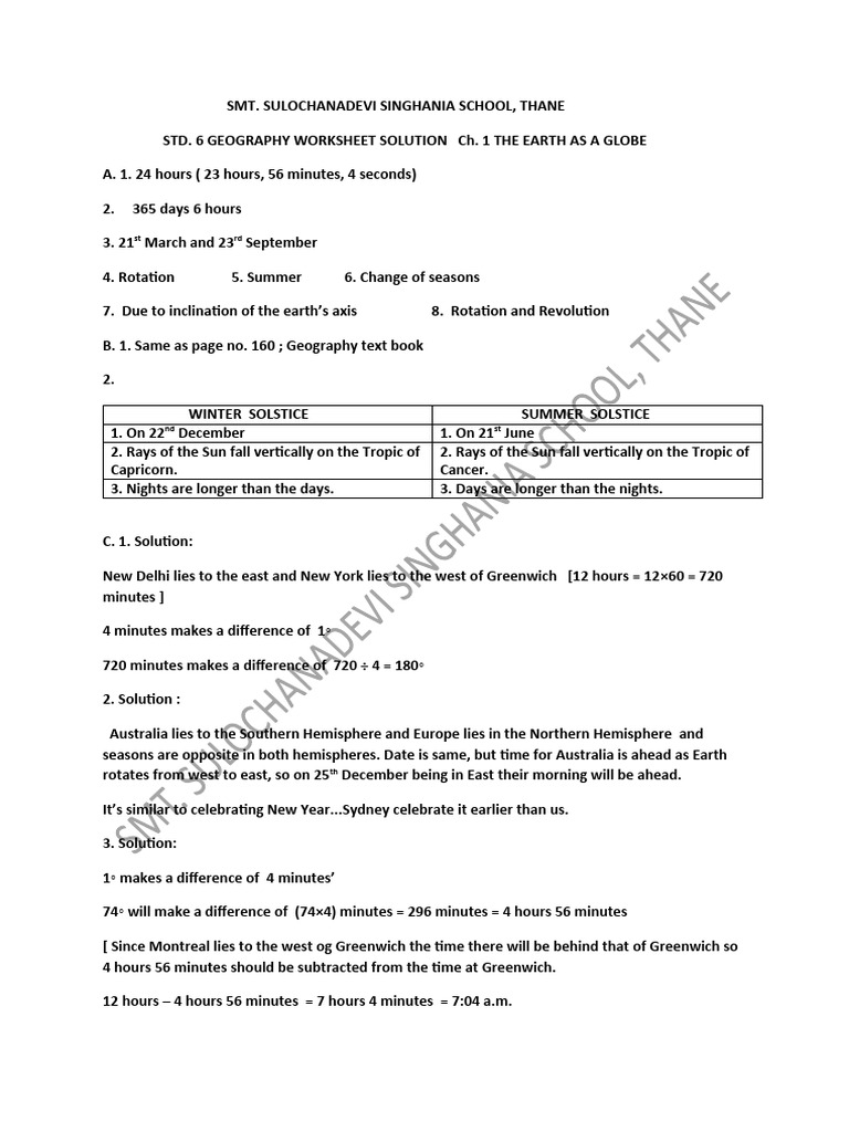 GEO WORKSHEET SOLUTION CH 1 The Earth As A Globe | PDF | Longitude | Hour