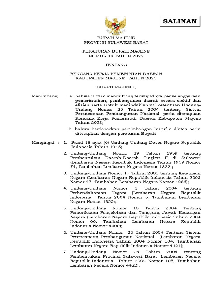 Salinan Perbup No. 19 Tahun 2022 RKPD 2023 | PDF